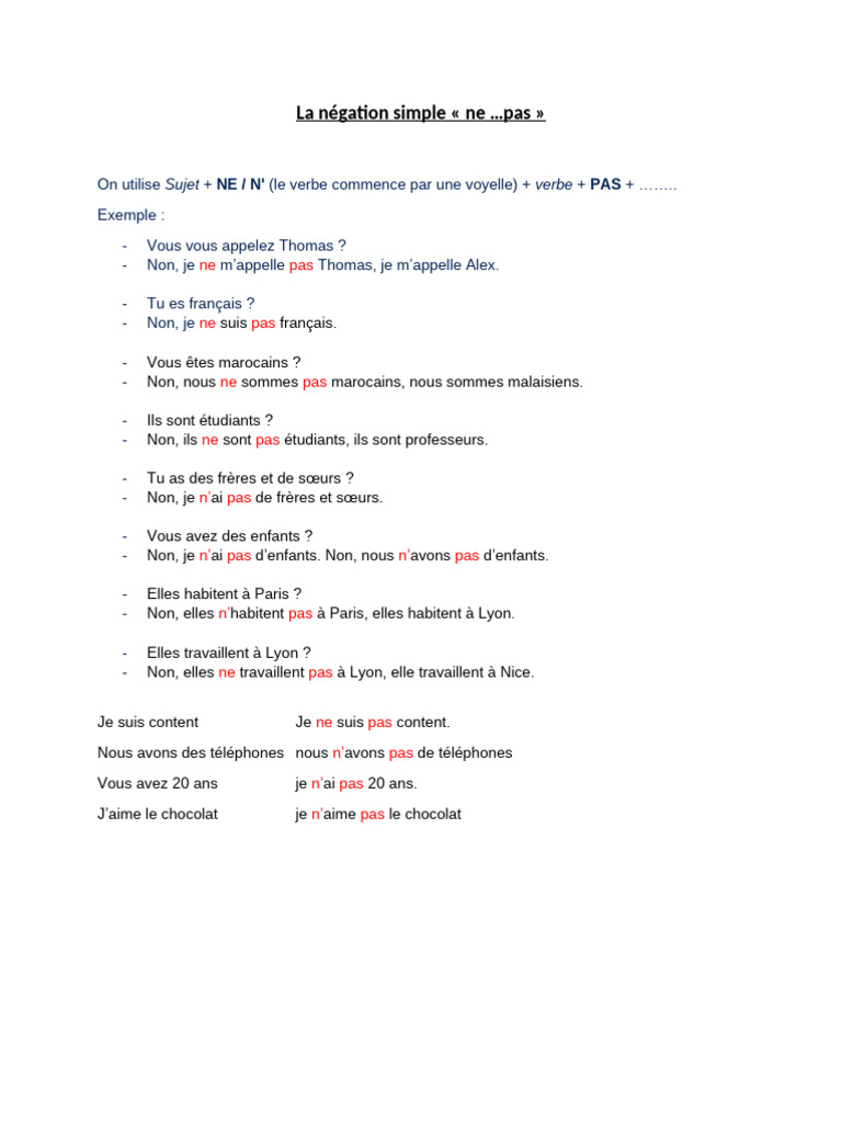La négation simple en français | PDF