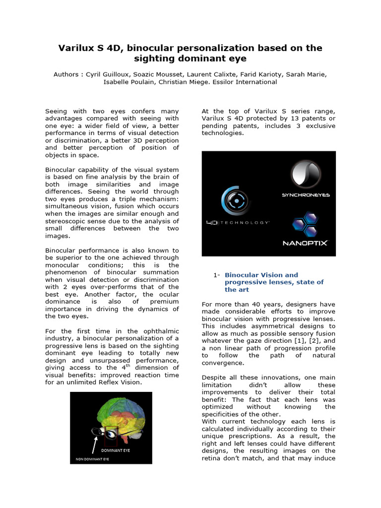 Varilux S 4D, Binocular Personalization | PDF | Eye | Visual Perception