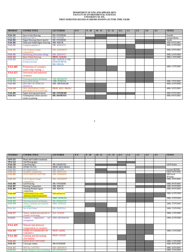 1st Semester Lecture Time Table 2024 | PDF | Paintings | Pottery