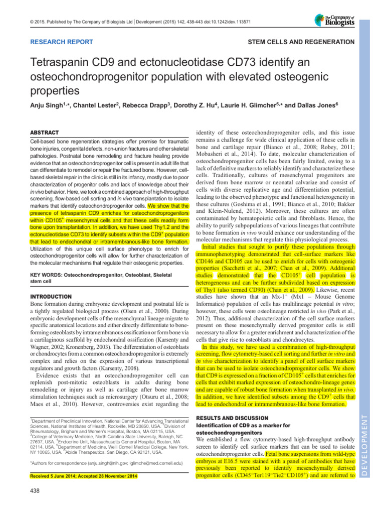 Tetraspanin CD9 and Ectonucleotidase CD73 Identify An Osteochondroprogenitor Population With ...