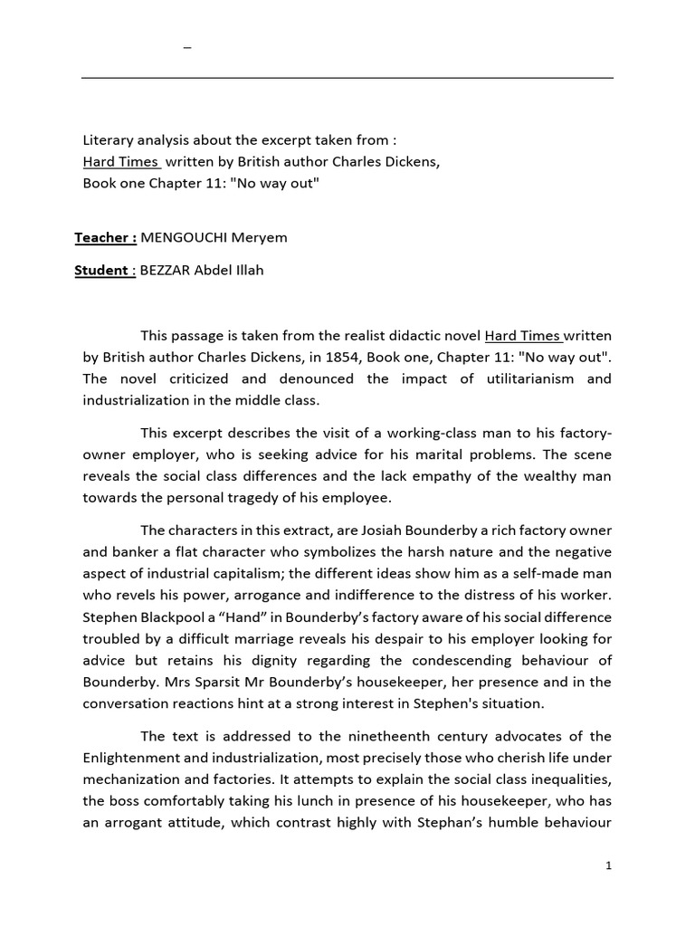 Dickens' Hard Times: Class Conflict Analysis | PDF | Narration