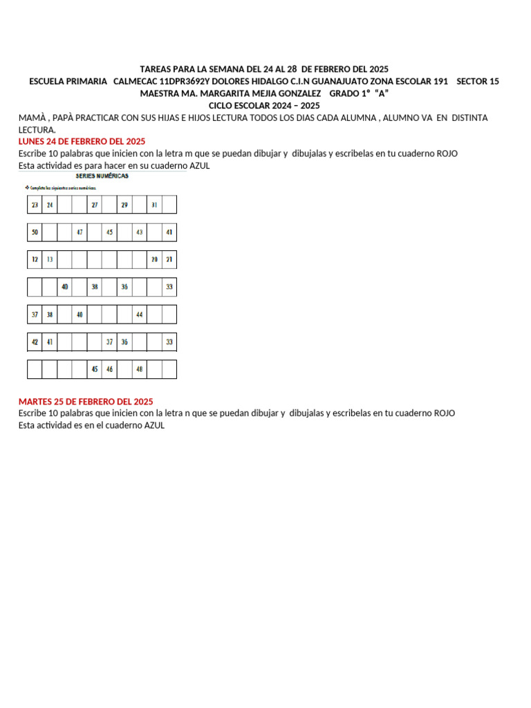 Tareas para La Semana Del 24 Al 28 de Febrero Del 2025 | PDF