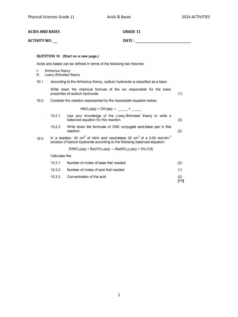 Grade 11 Acids and Bases Activities | PDF