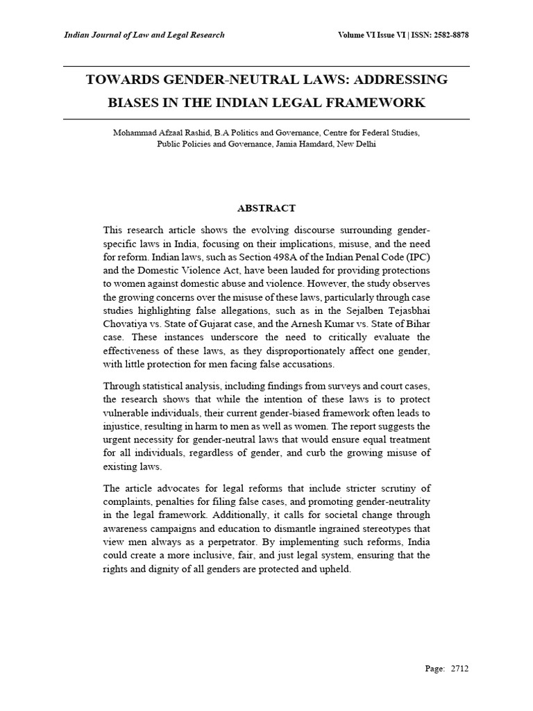 Towards Gender-Neutral Laws - Addressing Biases in The Indian Legal Framework | PDF | Sexual ...