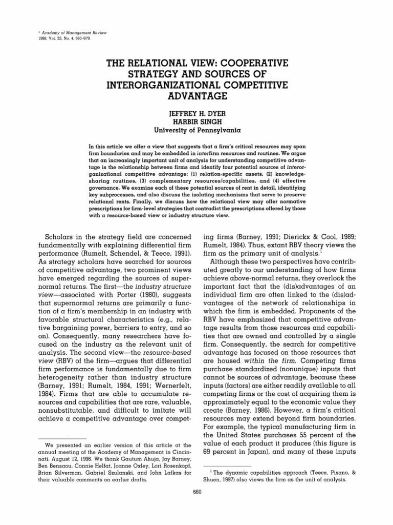 The Relational View Cooperative Strategy and Sourc | PDF