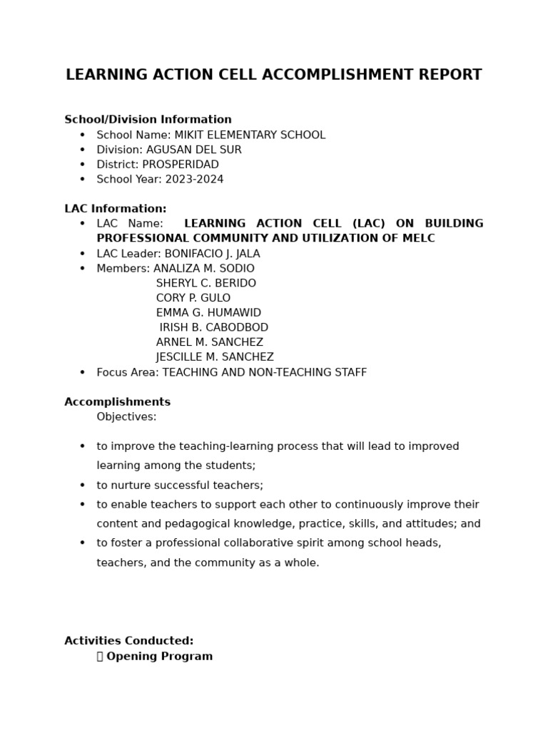 Learning Action Cell Accomplishment Report | PDF | Teachers | Lesson Plan