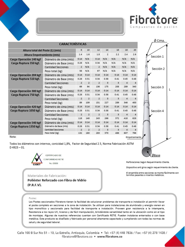 Postes Seccionados de P.R.F.V: Especificaciones | PDF