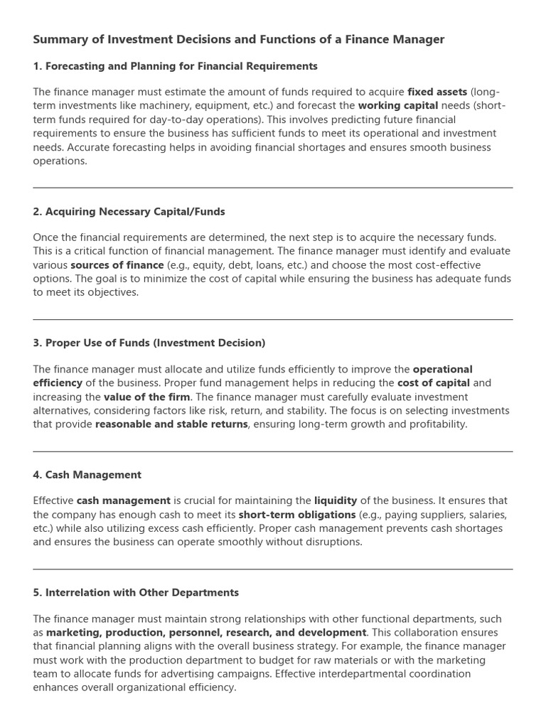 Summary of Investment Decisions and Functions of A Finance Manager ...