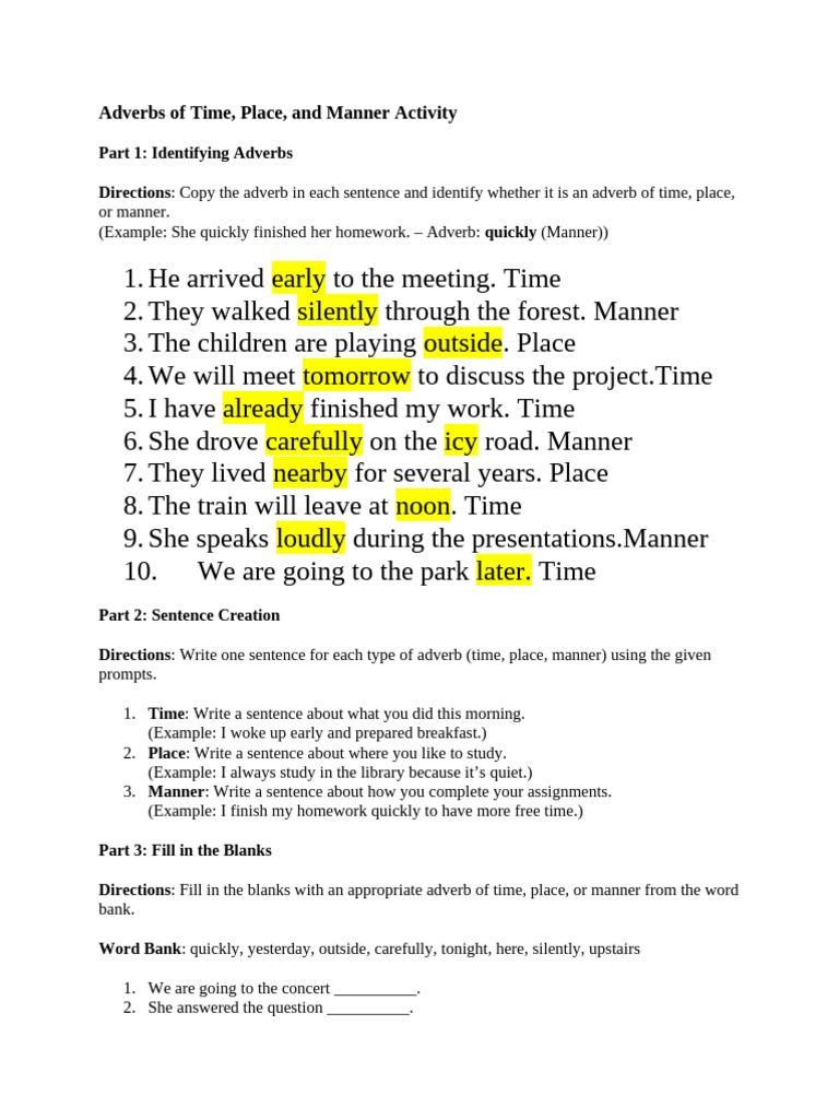 Adverbs Activity: Time, Place, Manner | PDF