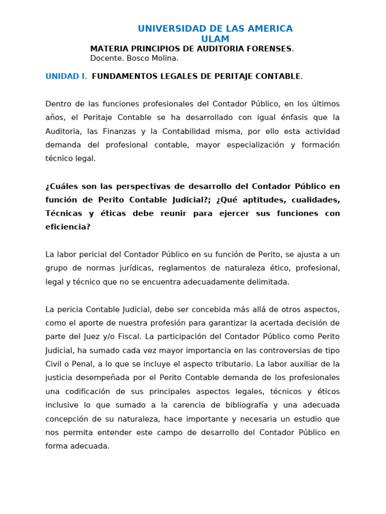 UNIDAD I FUNDAMENTOS LEGALES DE PERITAJE | PDF | Contador | Testigo experto