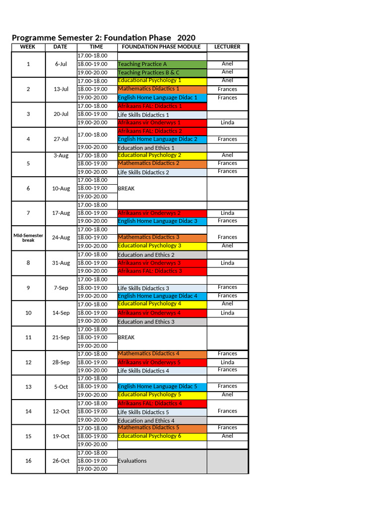 Foundation Phase Semester 2 Schedule | PDF | Learning | Education Theory