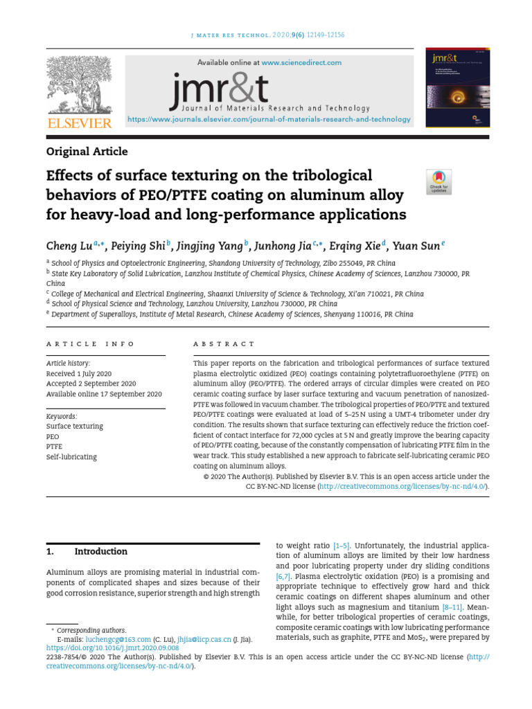 Effects of Surface Texturing On The Tribological Behaviours of Pto Ptfe Coating On Aluminium ...