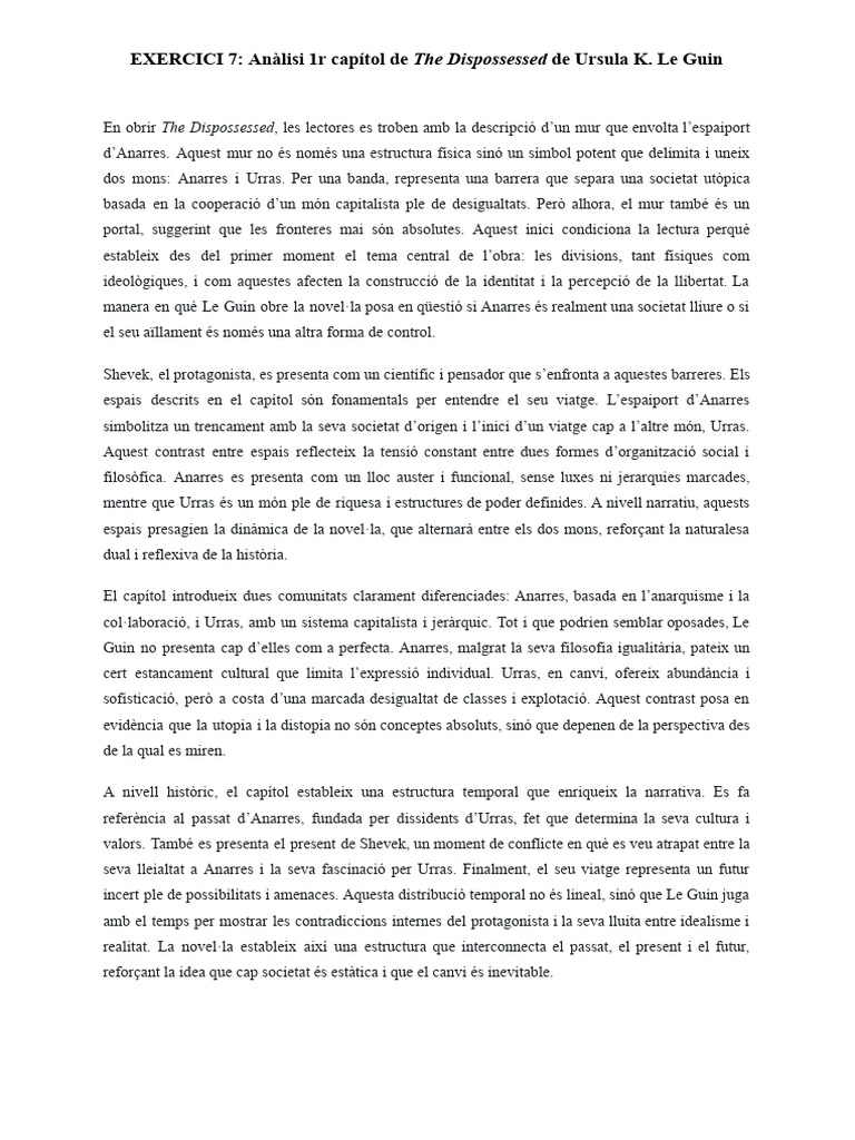 EXERCICI 7 - Anàlisi 1r Capítol - The Dispossessed - de Ursula K. Le Guin | PDF