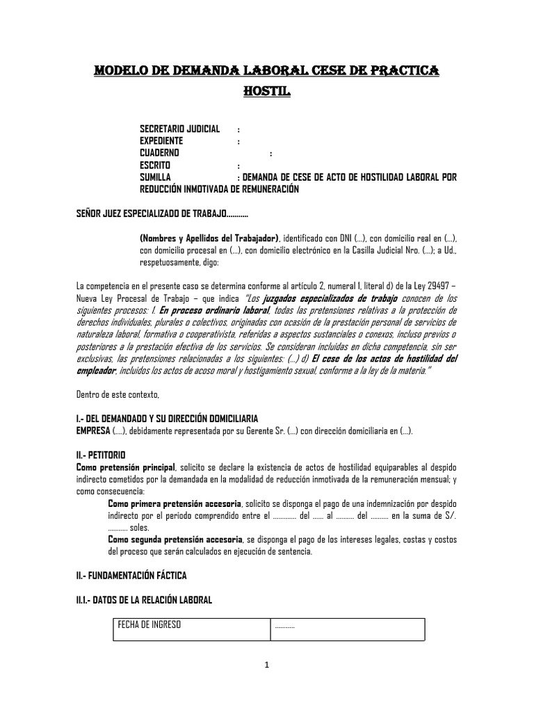 Demanda de Cese por Hostilidad Laboral | PDF | Derecho laboral | Salario