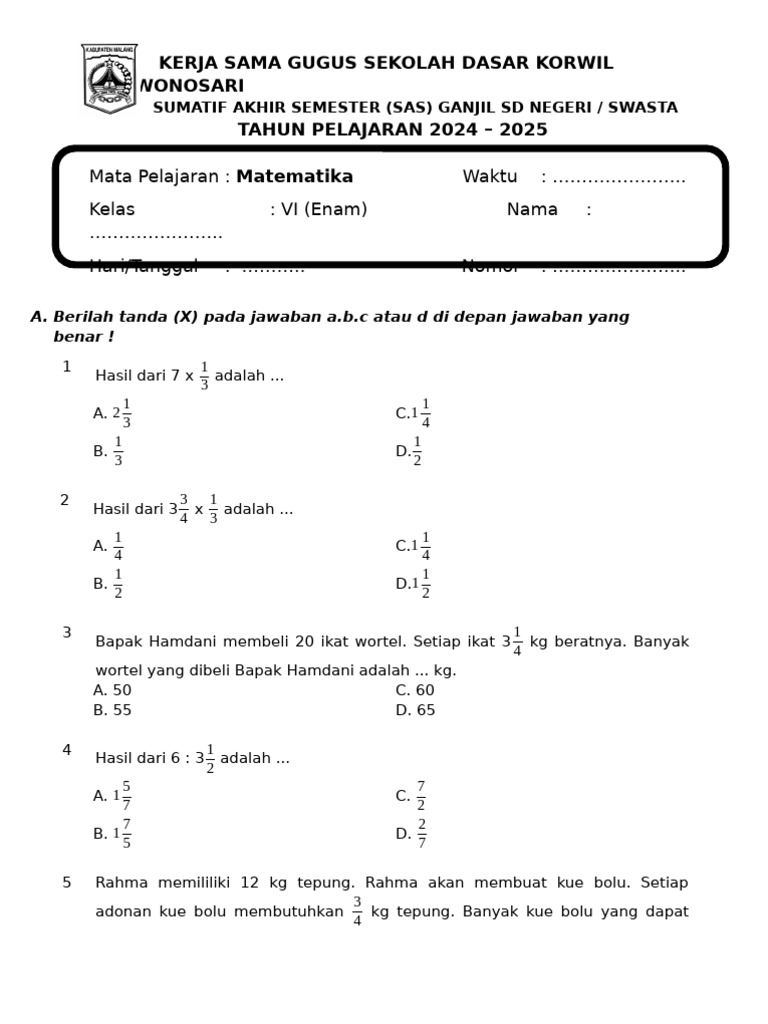 Soal Sas Matematika Kelas Vi | PDF