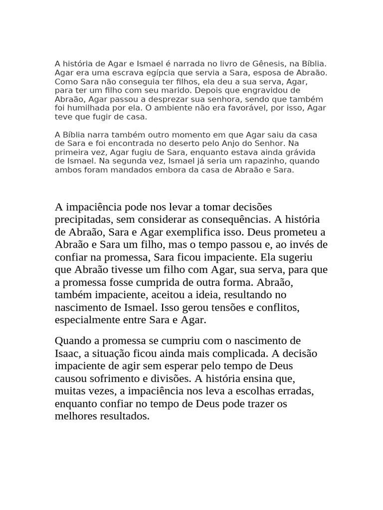 A história de Agar e Ismael é narrada no livro de Gênesis | PDF