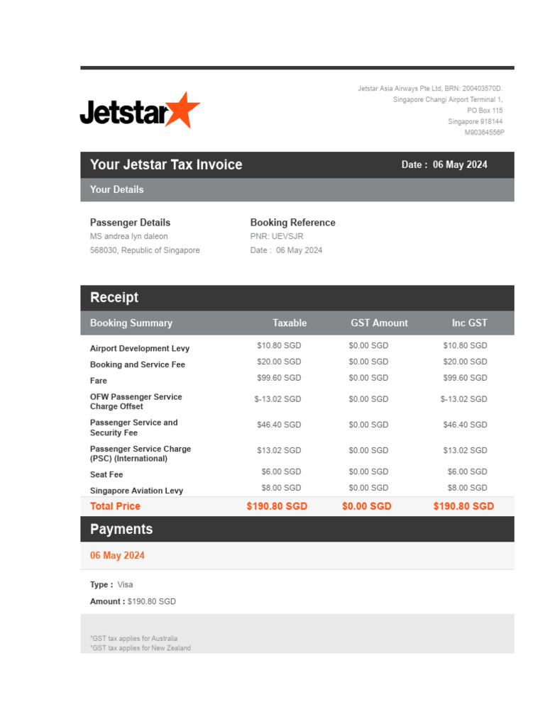Jetstar Asia Tax Invoice Details | PDF