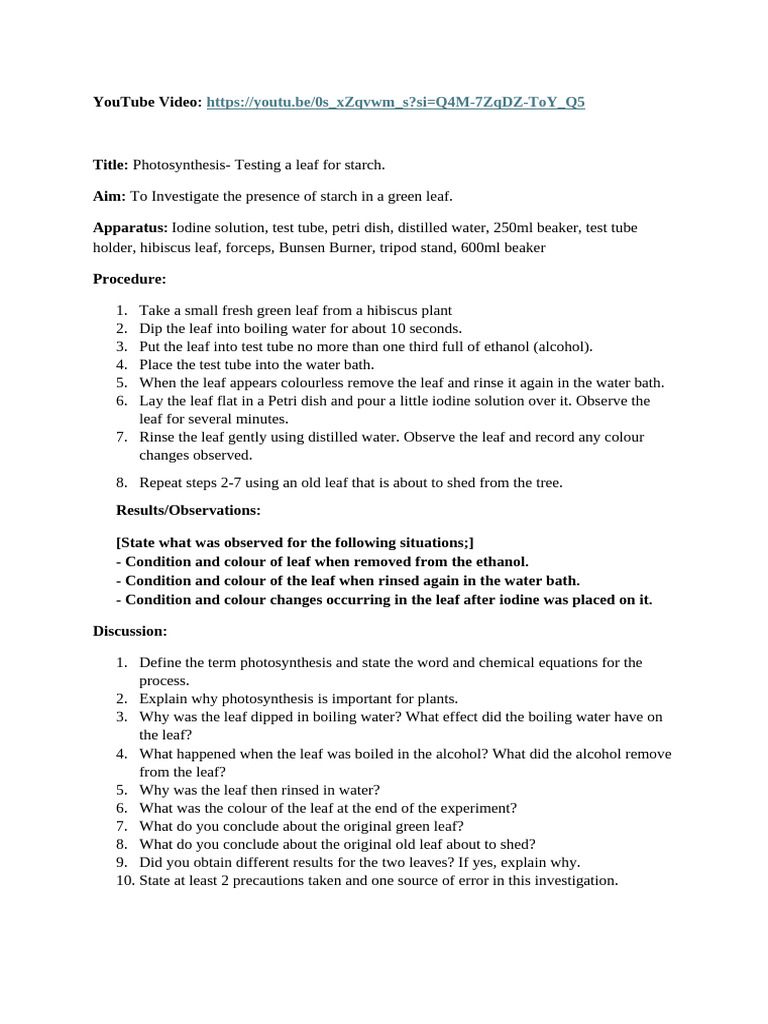 Form 3 Biology Testing A Leaf For Starch Lab | PDF