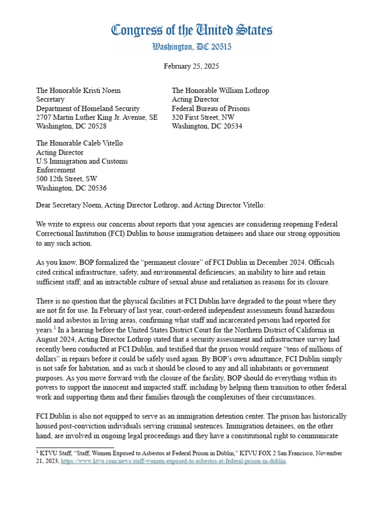Letter to DHS ICE and BOP on using FCI Dublin for immigration detainees ...