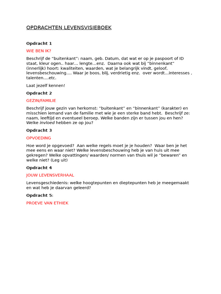 Opdrachten Levensvisieboek | PDF