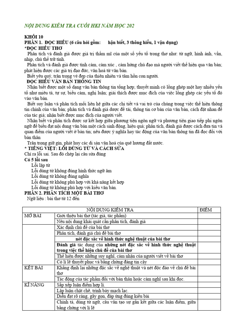 VAN 10_ NỘI DUNG THI HK1 | PDF