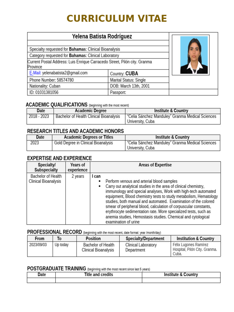 CV Ingles LAB CLINICO Yelena Batista Rodriguez GRM | PDF | Medical ...