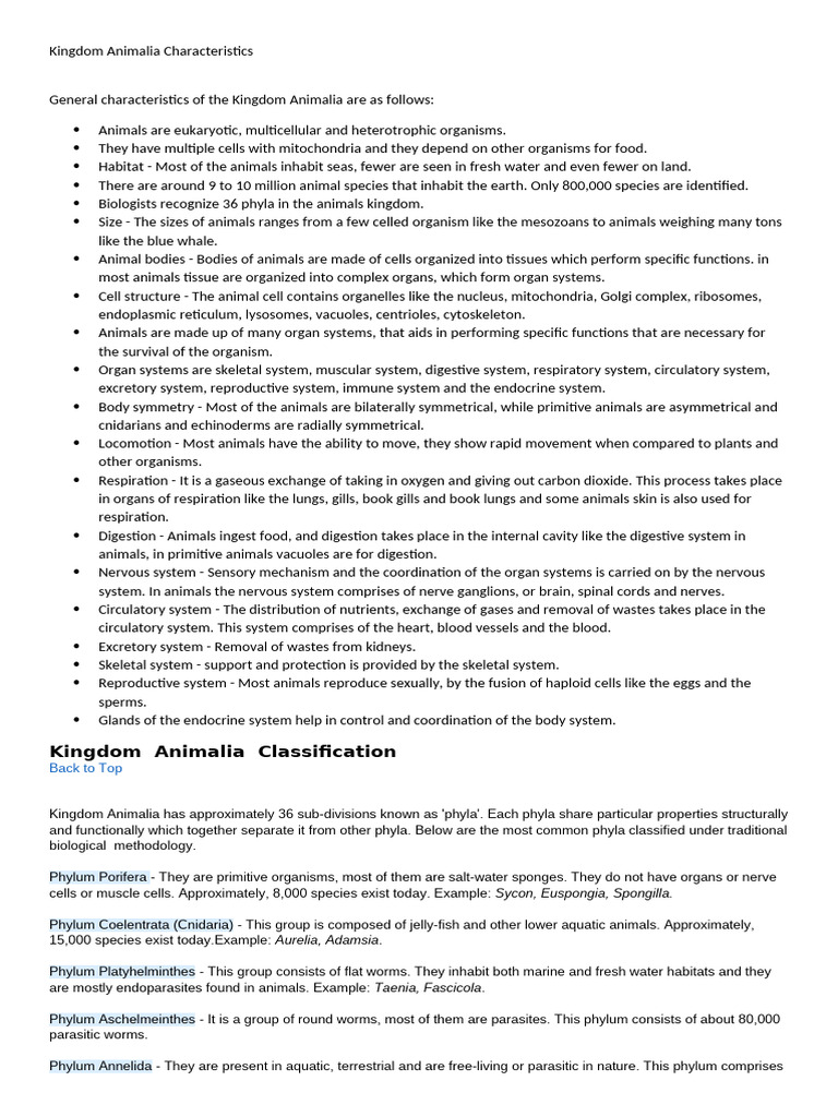 Characteristics of Kingdom Animalia | PDF | Biology | Anatomy