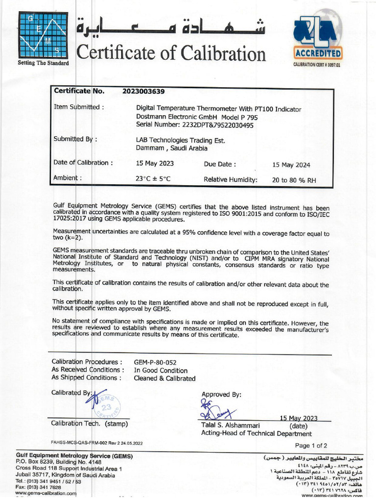 Temperature Thermometer Calibration Certificate - May 2023 | PDF