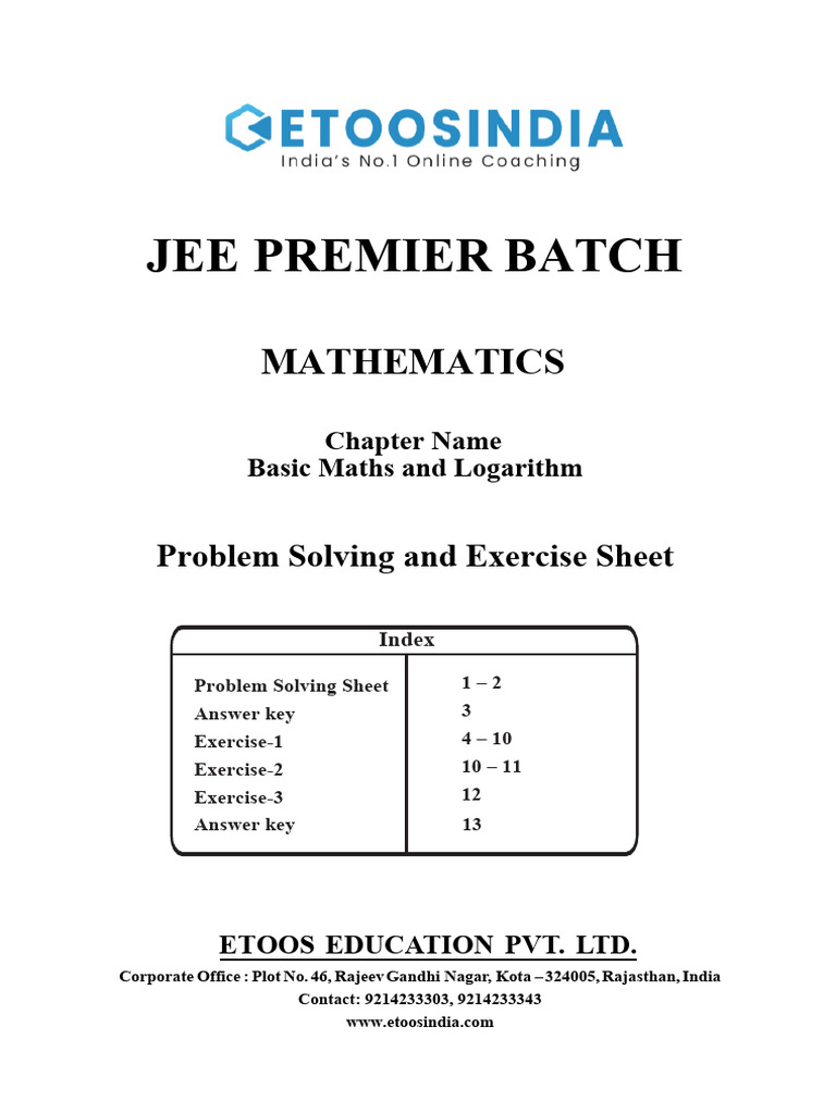 JEE Premier Batch Basic Mathematics & Logarithm PSS & Ex. Sheet PDF | PDF | Arithmetic ...