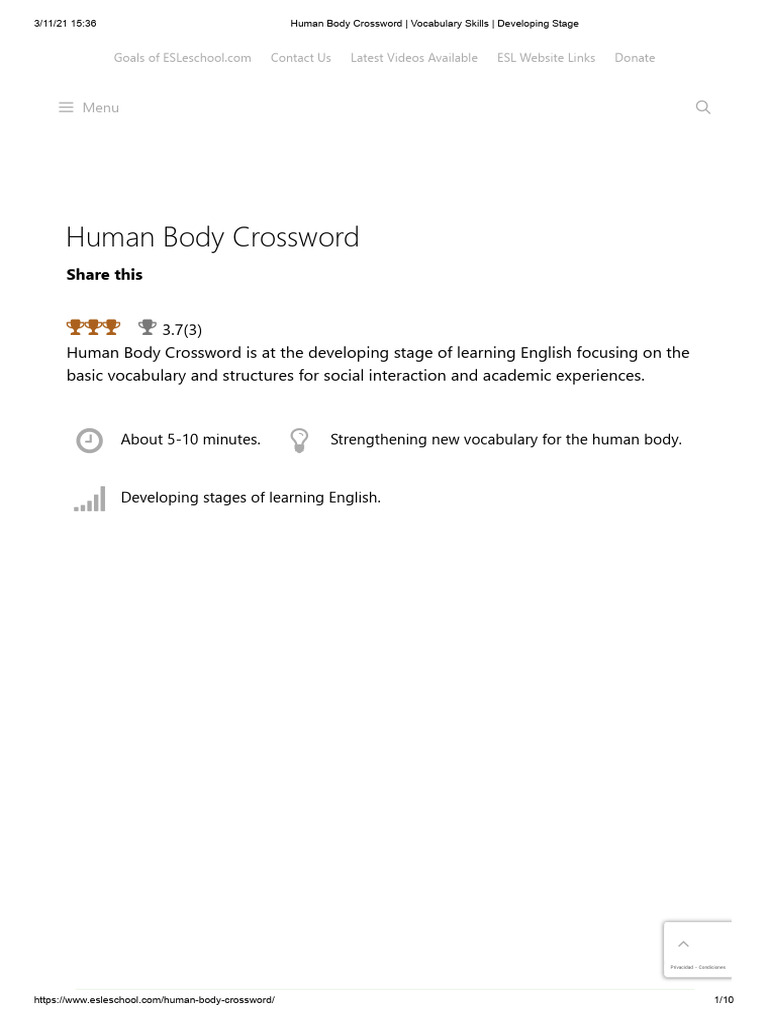 Human Body Vocabulary Crossword | PDF | Linguistics