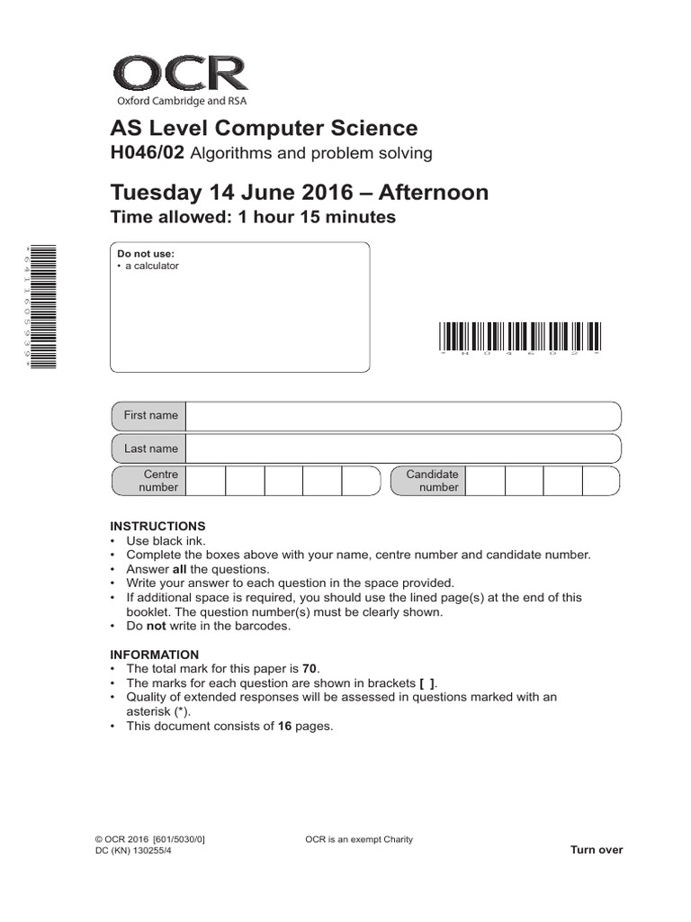 June 2016 QP - Paper 2 OCR Computer Science AS-level | PDF | String (Computer Science) | Integer ...