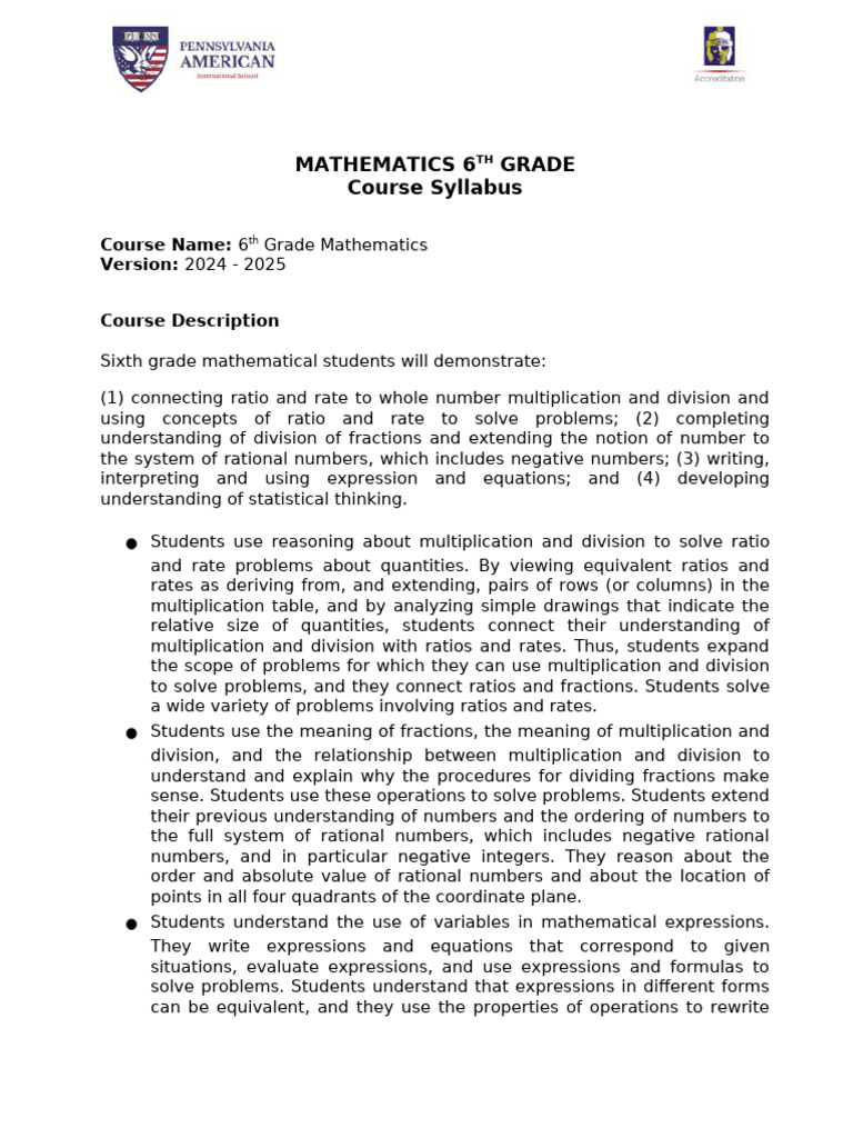 (Parents Version) Course Outline 2024-2025 - VAP 6 - MATH | PDF | Area | Numbers