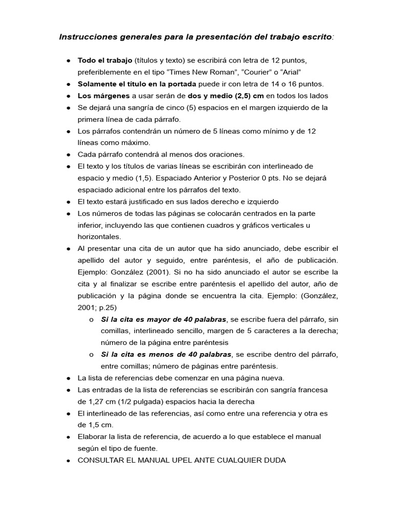 Instrucciones para La Presentaci-N Del Trabajo Escrito | PDF