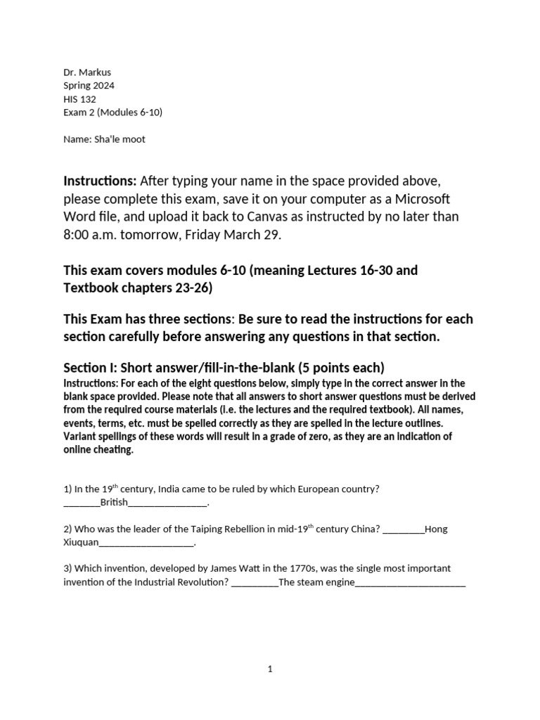 HIS 132 Exam 2 Spring 2024 | PDF | Qing Dynasty | British Empire