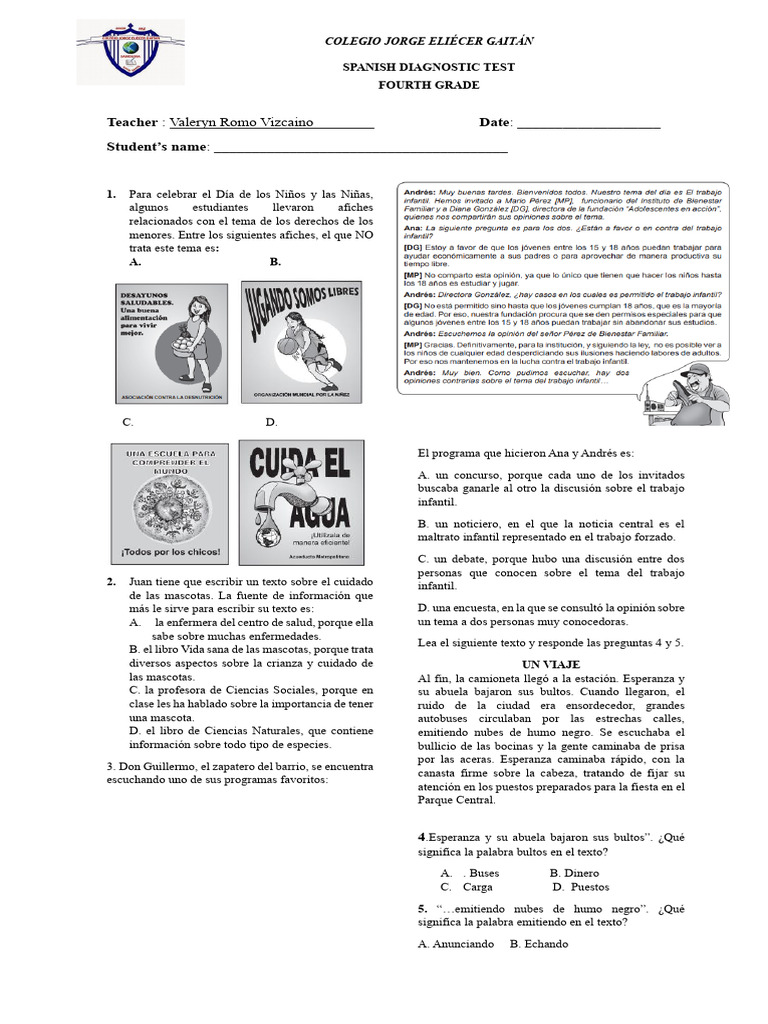 Prueba Diagnóstica de Español 4° Grado | PDF