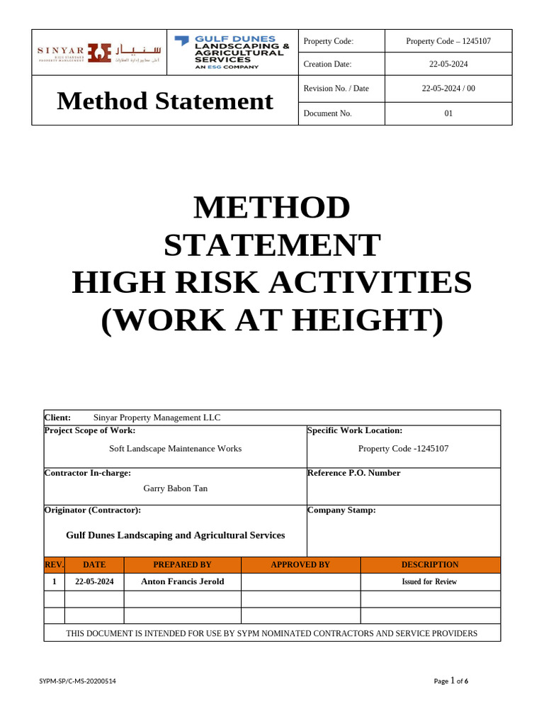 High-Risk Work Method Statement | PDF | Safety | Occupational Safety ...