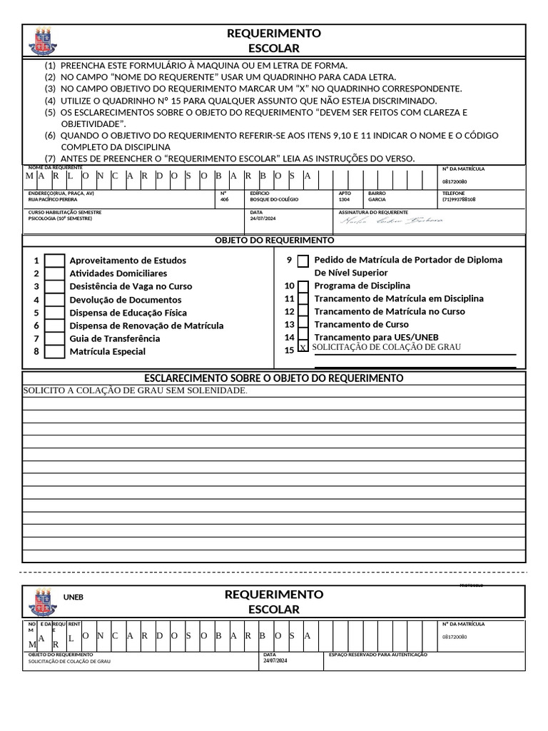 Requerimento - Escolar-Uneb (1) WORD OFICIAL | PDF