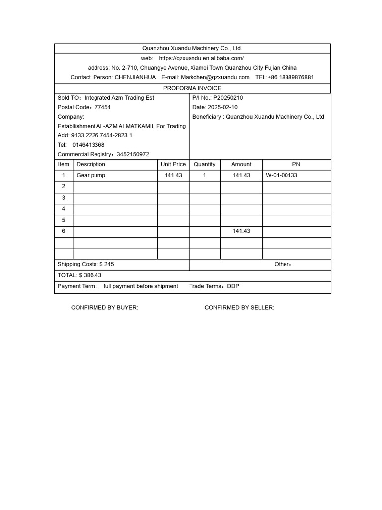 KSA PROFORMA INVOICE 2025-02-10 Changlin Gear Pump 386.43 | PDF