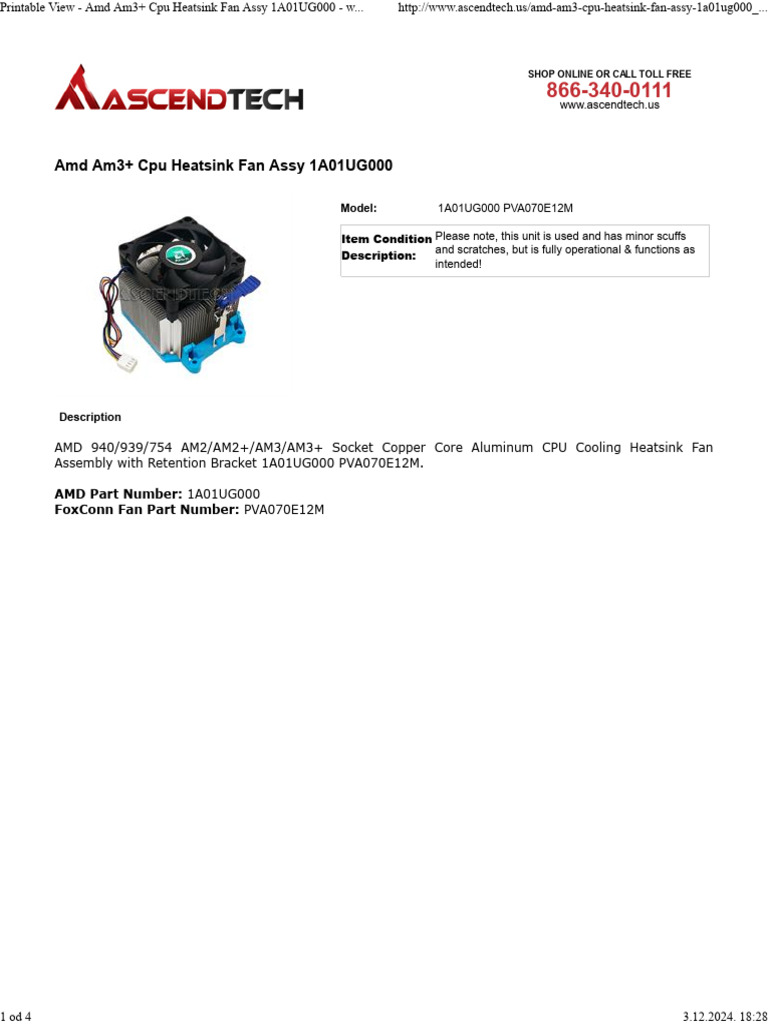 Amd Am3+ Cpu Heatsink Fan Assy 1A01UG000 - WWW - Ascendtech.us | PDF ...