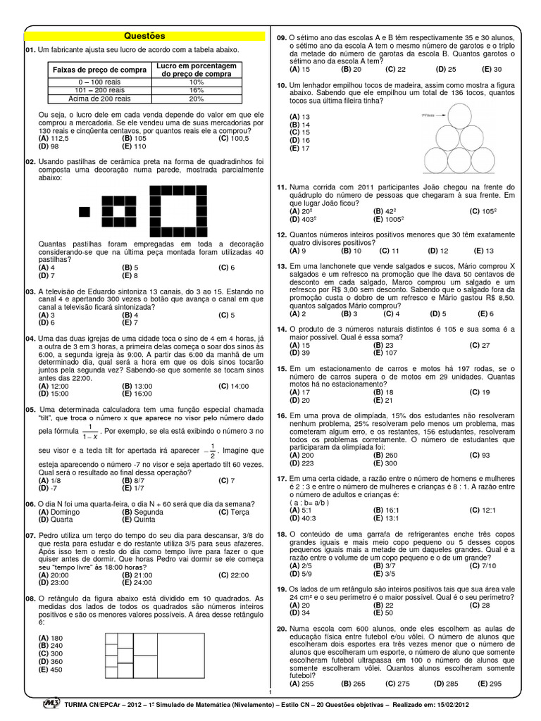 TURMA CN EPCAr 2012 1o Simulado de Matem | PDF