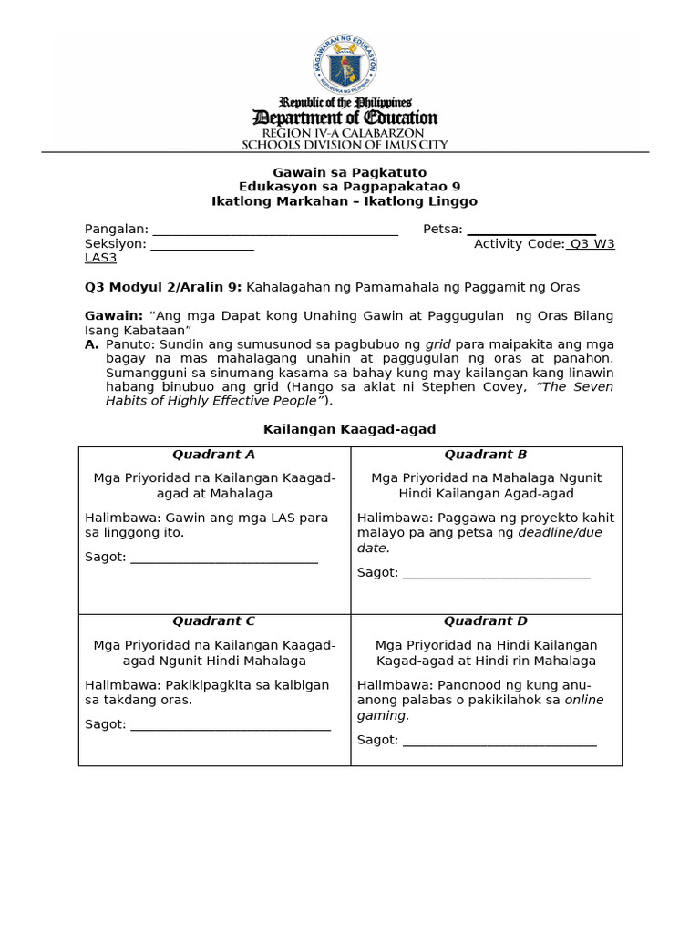 Gawain Sa Pagkatuto Edukasyon Sa Pagpapakatao 9 Ikatlong Markahan - Ikatlong Linggo | PDF