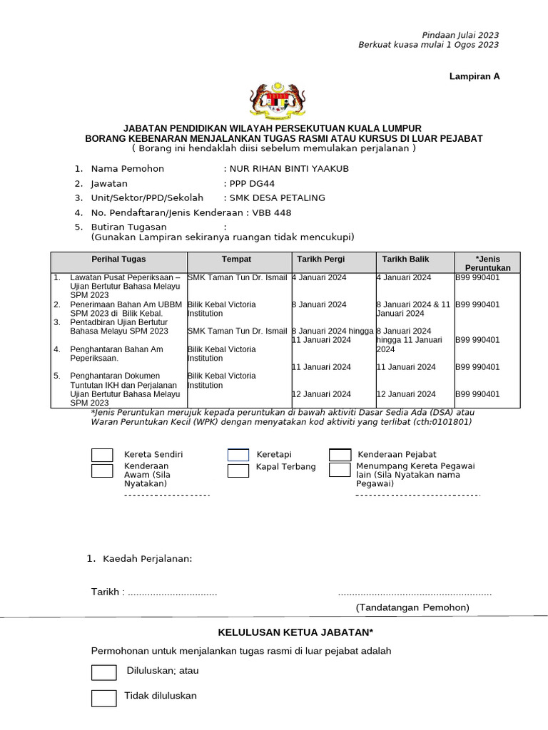 Borang Kebenaran Tugas Rasmi 2023 | PDF