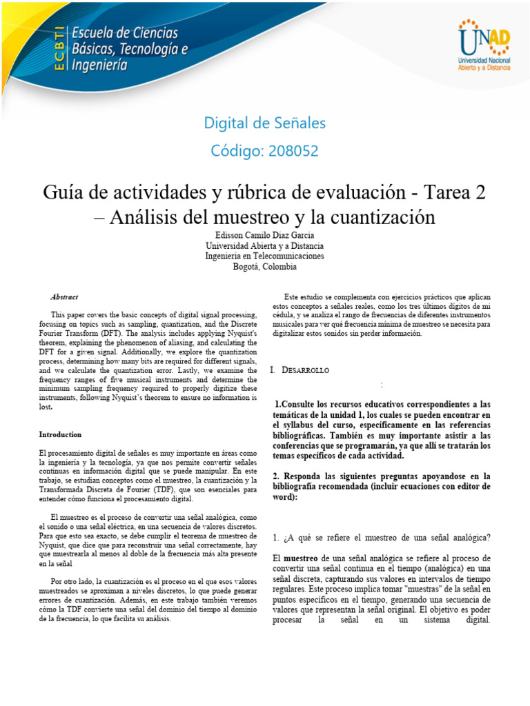 Edisson Diaz 208052 38-Tarea2 | PDF | Transformada rápida de Fourier | Muestreo (procesamiento ...