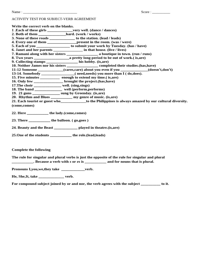 Grammar Test: Subject-Verb Agreement | PDF