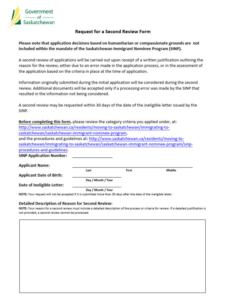 SINP Second Review Request Form | PDF