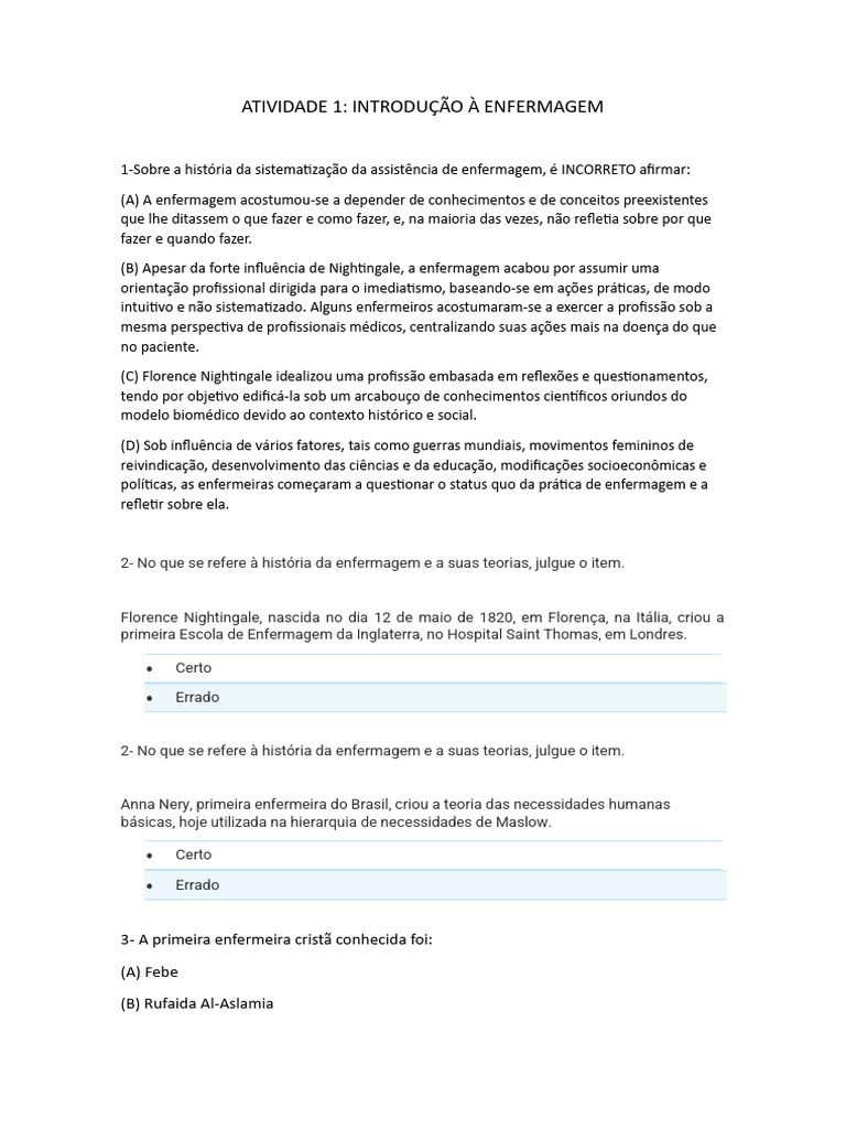 Atividade 1 (1) Enferm | PDF | Enfermagem | Florence Nightingale