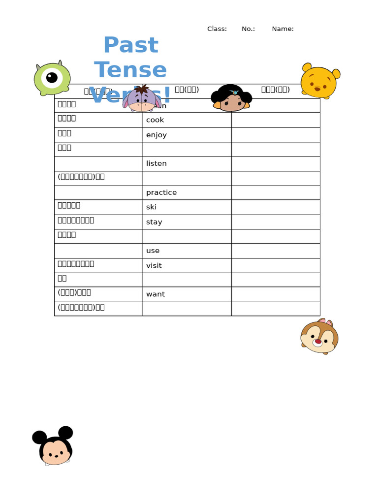 Regular Past Tense Verb Table (Gap Fill) | PDF