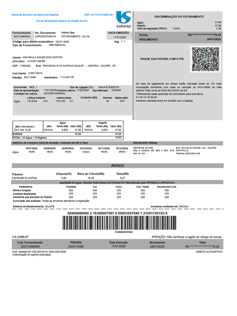 Sabesp Fatura Completa 323113460004 9109003597940 343051 | PDF