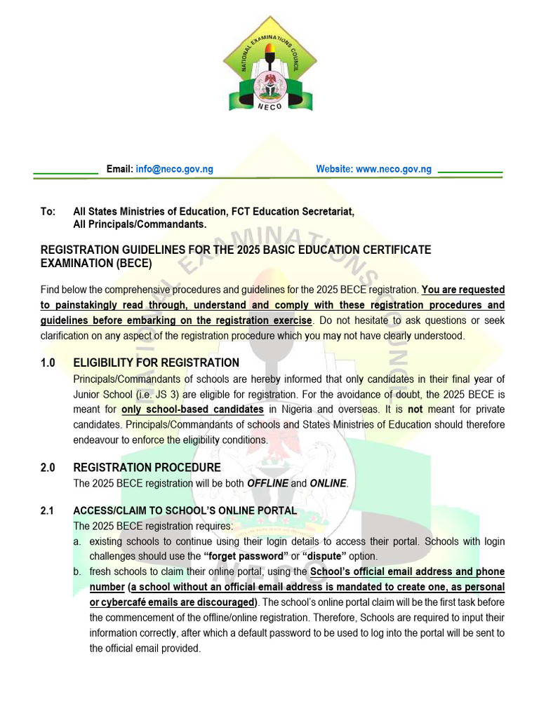 2025 Bece Registration Guidelines-2 | PDF | Identity Document | Payments