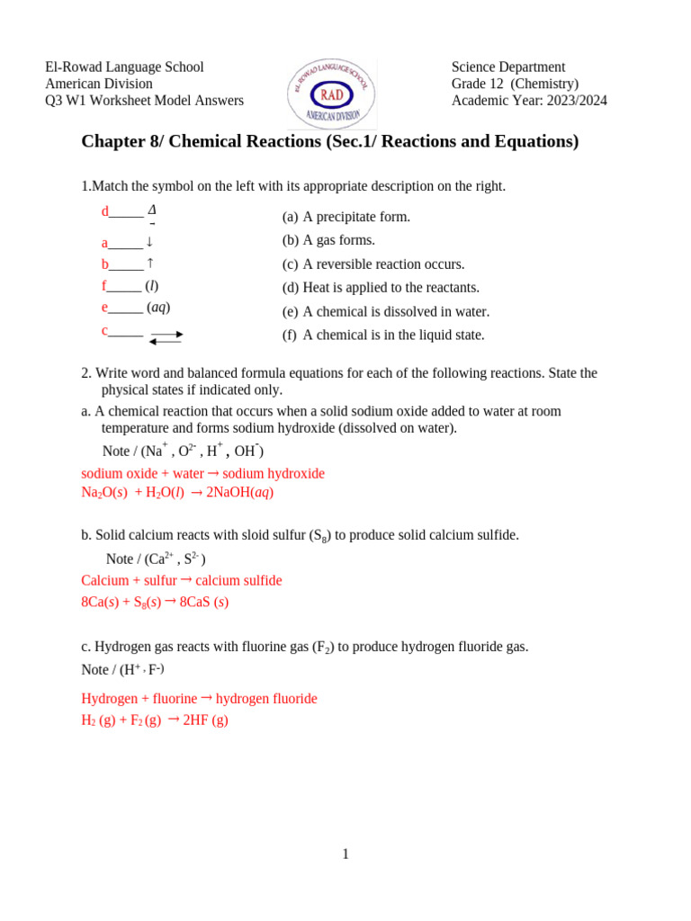 CH 8 (Sec. 1) Worksheet Model Answers | PDF | Oxide | Chemical Reactions